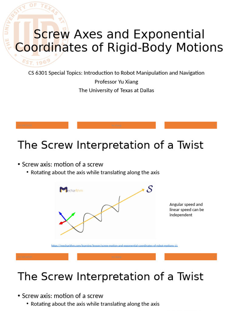 Lecture 10 Screw Axes Exponential Coordinates | PDF | Rotation | Geometry