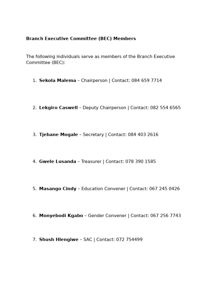 Branch Executive Committee (BEC) Members | PDF
