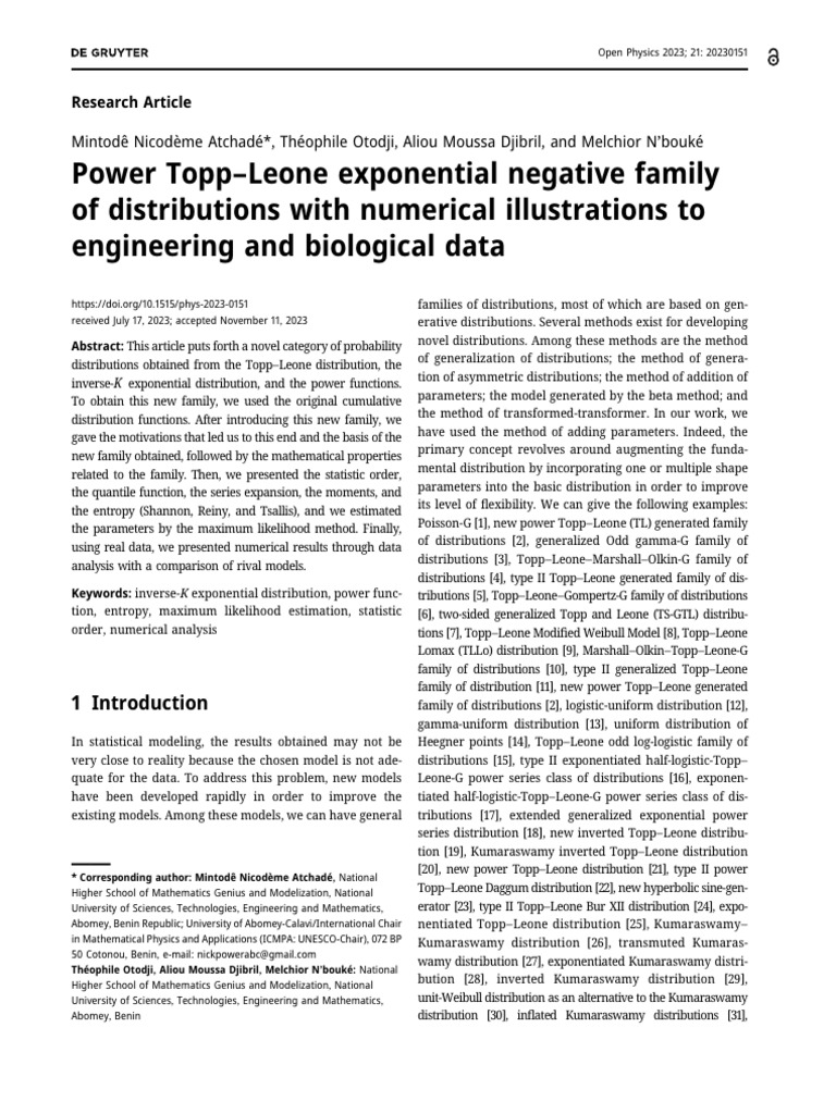 Power Topp-Leone Exponential Negative Family of Distributions With Numerical Illustrations To ...