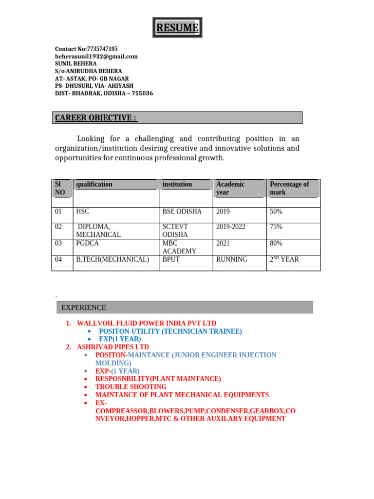 Sunil Behera 2022 Resume | PDF