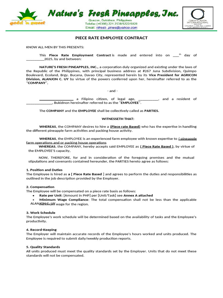 Piece Rate Employee Contract Revised | PDF | Employment | Business
