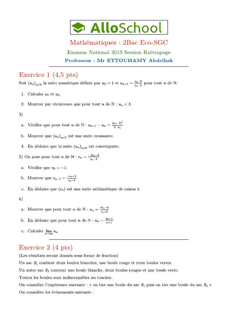 Math 2bac Eco SGC Examen National 2019 Rattrapage 2 | PDF