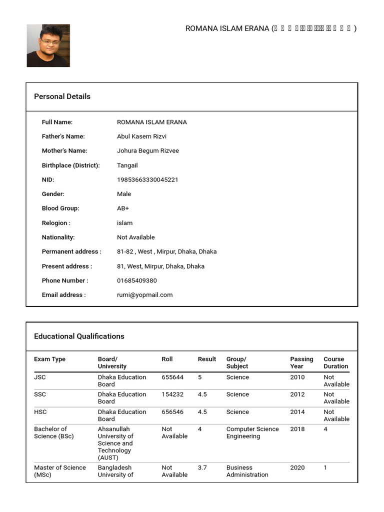 Personal Details: Romana Islam Erana | PDF | Student Assessment And Evaluation | Educational Stages