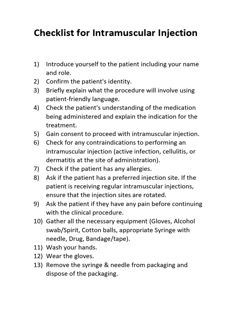 Checklist for Intramuscular Injection | PDF | Injection (Medicine ...