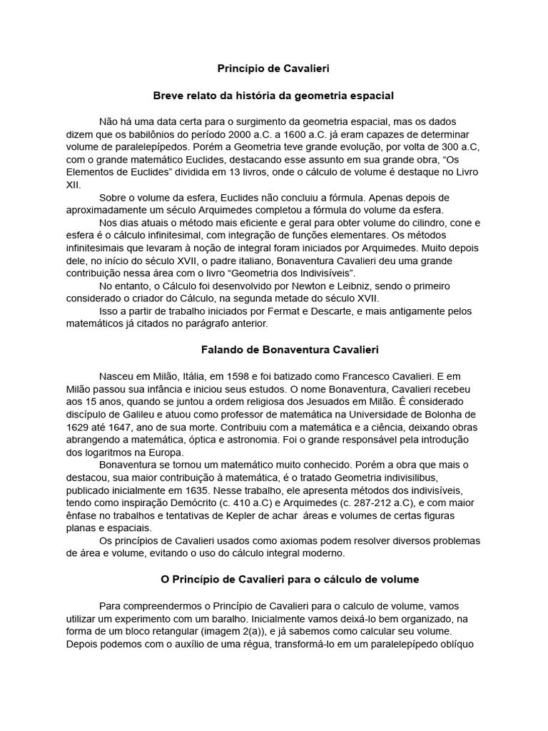 Princípio de Cavalieri e Cálculo de Volume | PDF | Cálculo | Matemática