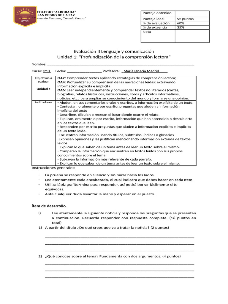 Prueba de Lenguaje Unidad 2 | PDF