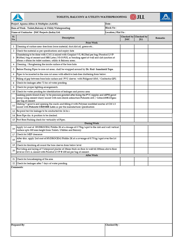 Toilet Waterproofing Checklist | PDF | Building Engineering | Building ...