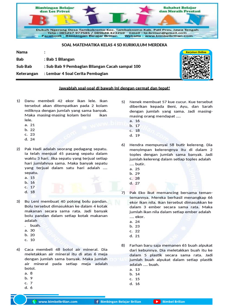 Soal Cerita Pembagian Kelas 4 SD | PDF
