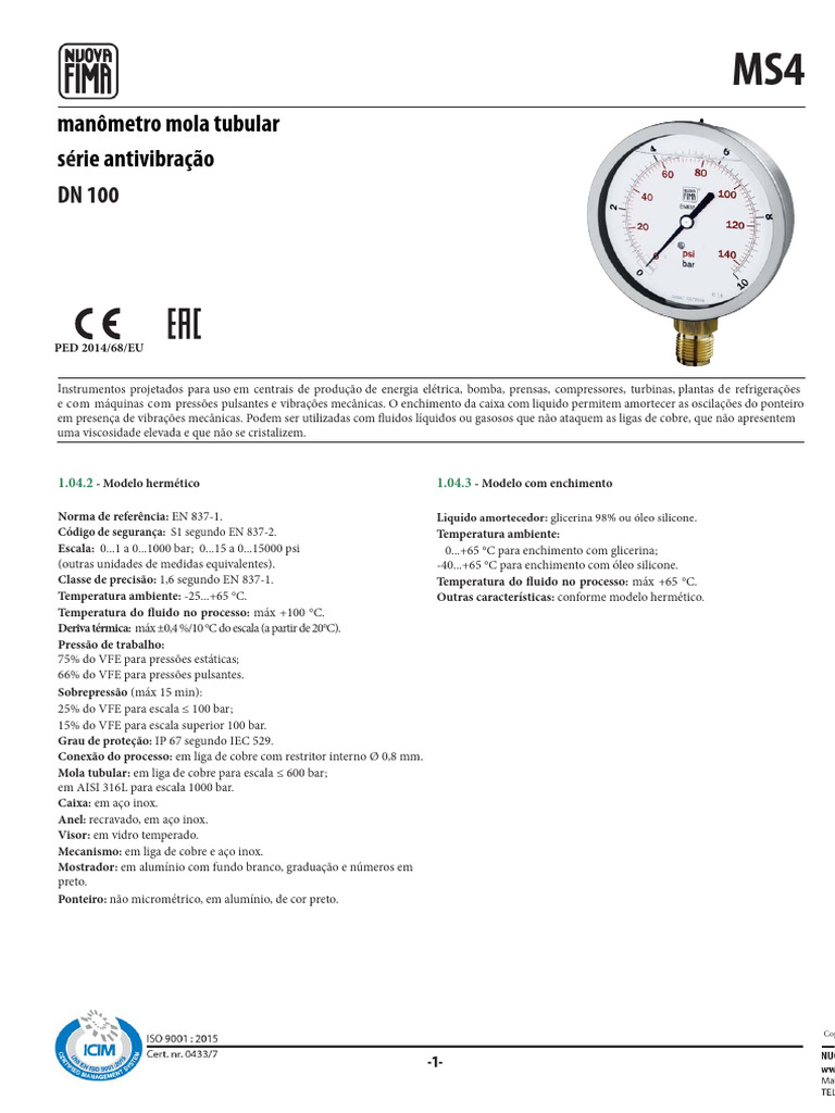 Nuova Fima Catálogo Manometro MS4 | PDF | Pressão | Temperatura