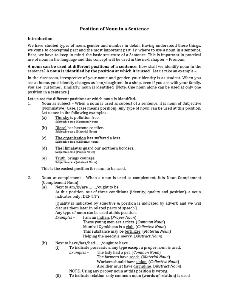 Position of Noun in A Sentence | PDF | Noun | Linguistics