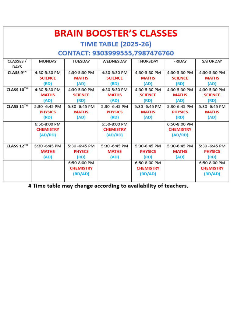 Time Table Brain Booster's Classes-1 | PDF