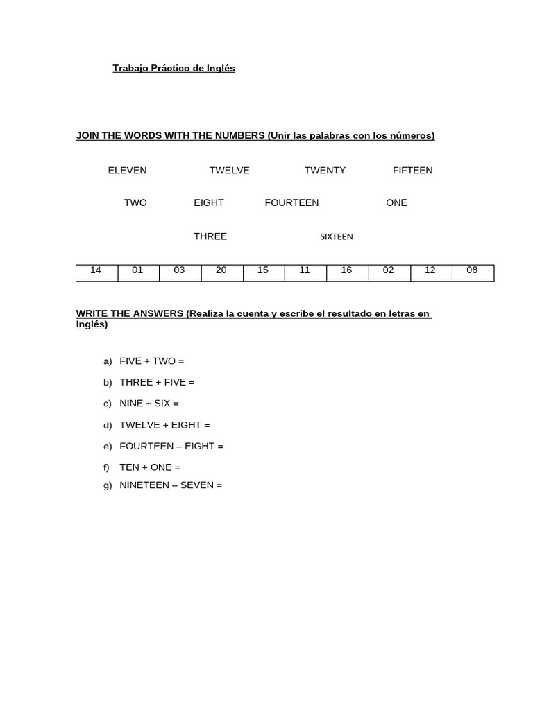 Ejercicios de Suma y Resta en Inglés | PDF