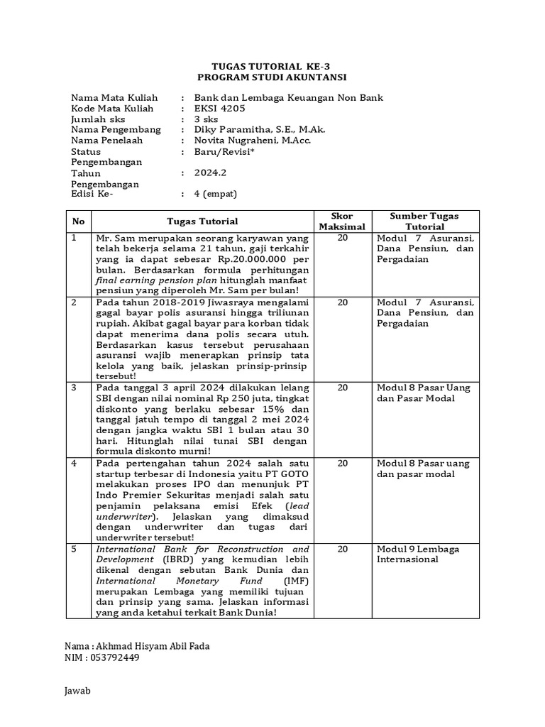 TUGAS TUTORIAL KE 3 Bank Dan Lembaga Keuangan Non Bank | PDF