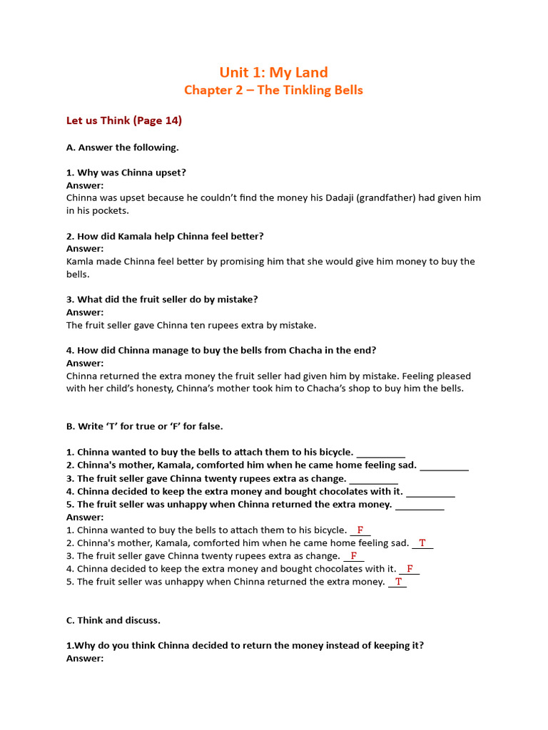 Class 4 English Chapter 2 The Tinkling Bells Question Answers | PDF