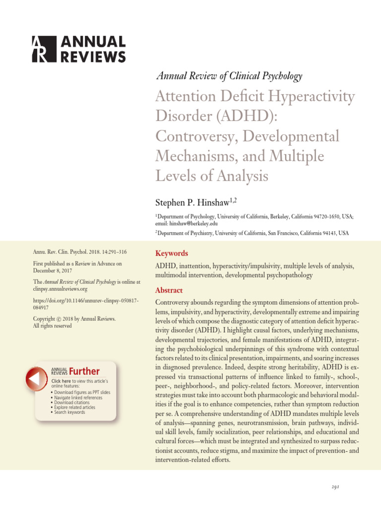 Annurev Clinpsy 050817 084917 | PDF | Attention Deficit Hyperactivity Disorder | Mental Disorder