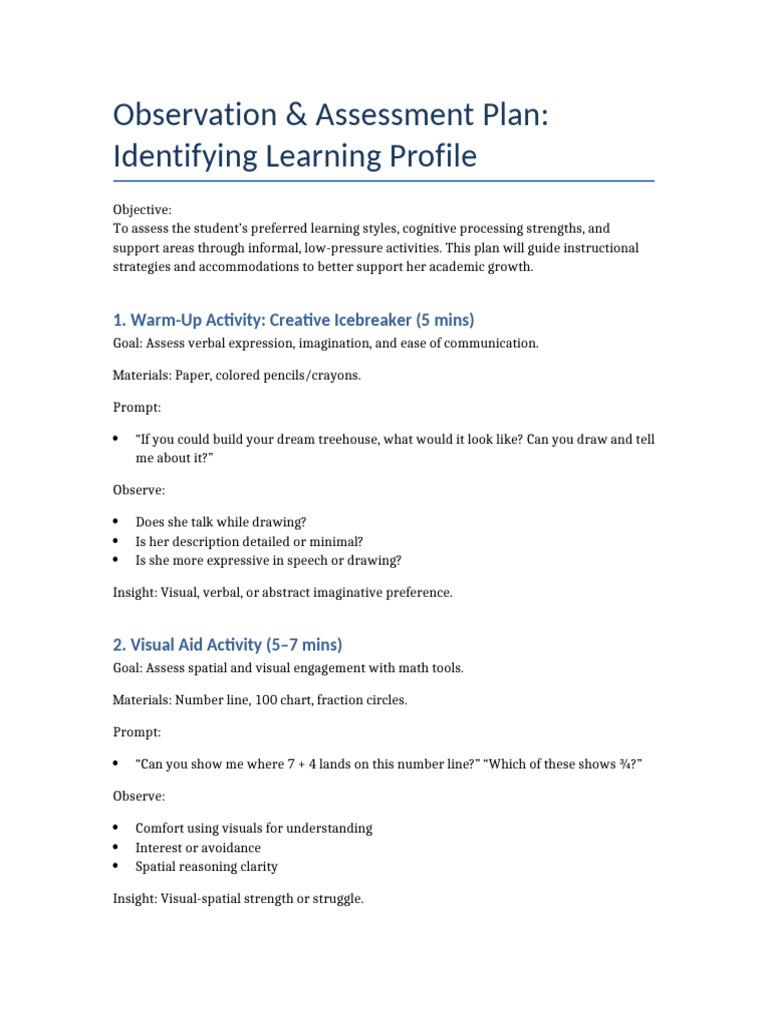 Observation Assessment Plan | PDF | Learning Styles | Reading Comprehension