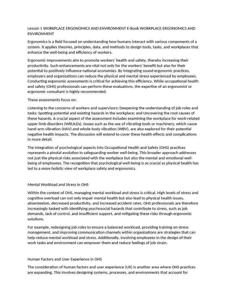 Lesson 1 WORKPLACE ERGONOMICS AND ENVIRONMENT E | PDF | Occupational ...