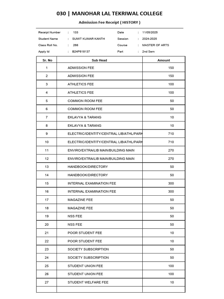 Admission Fee Reciept - 2025-05-26T142403.966 | PDF | Business