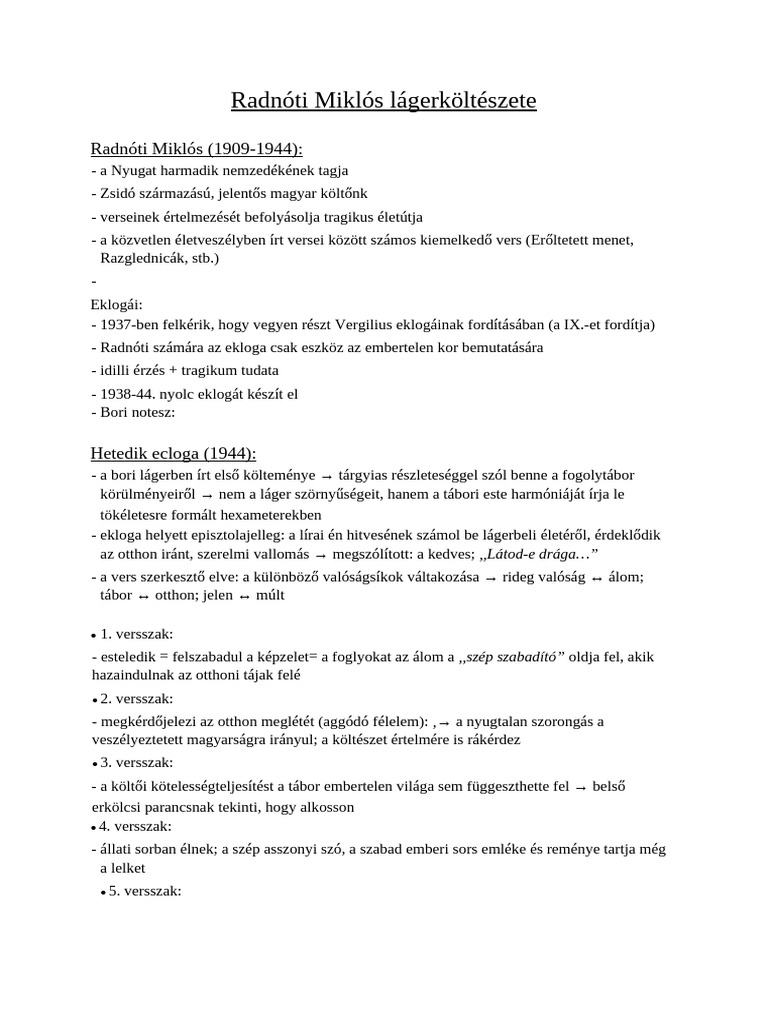 Radnóti Miklós Lágerköltészete Tétel | PDF