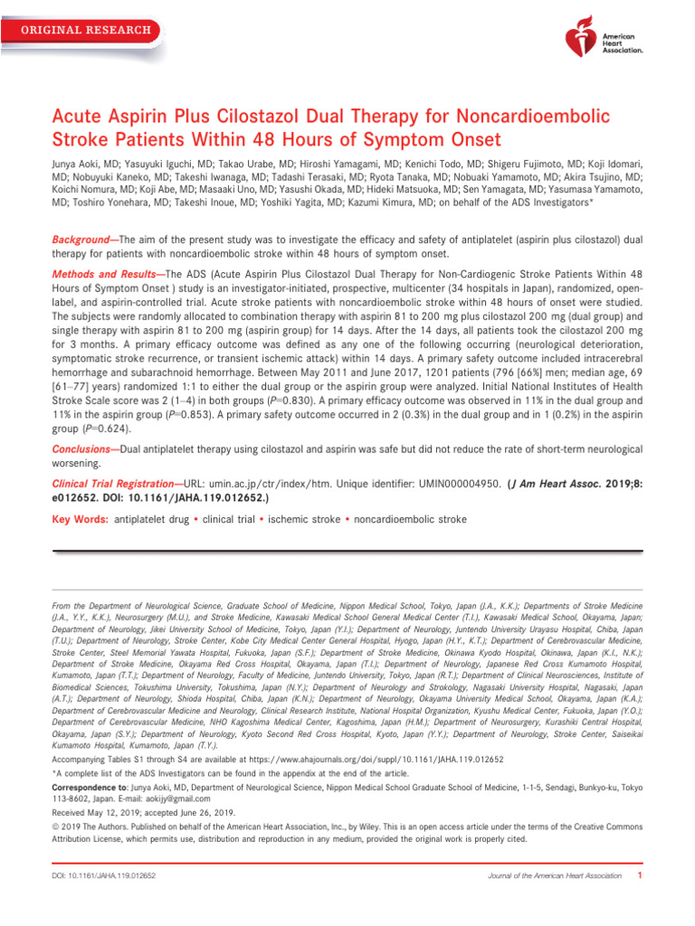 Acute Aspirin Plus Cilostazol Dual Therapy for Non | PDF | Stroke | Aspirin
