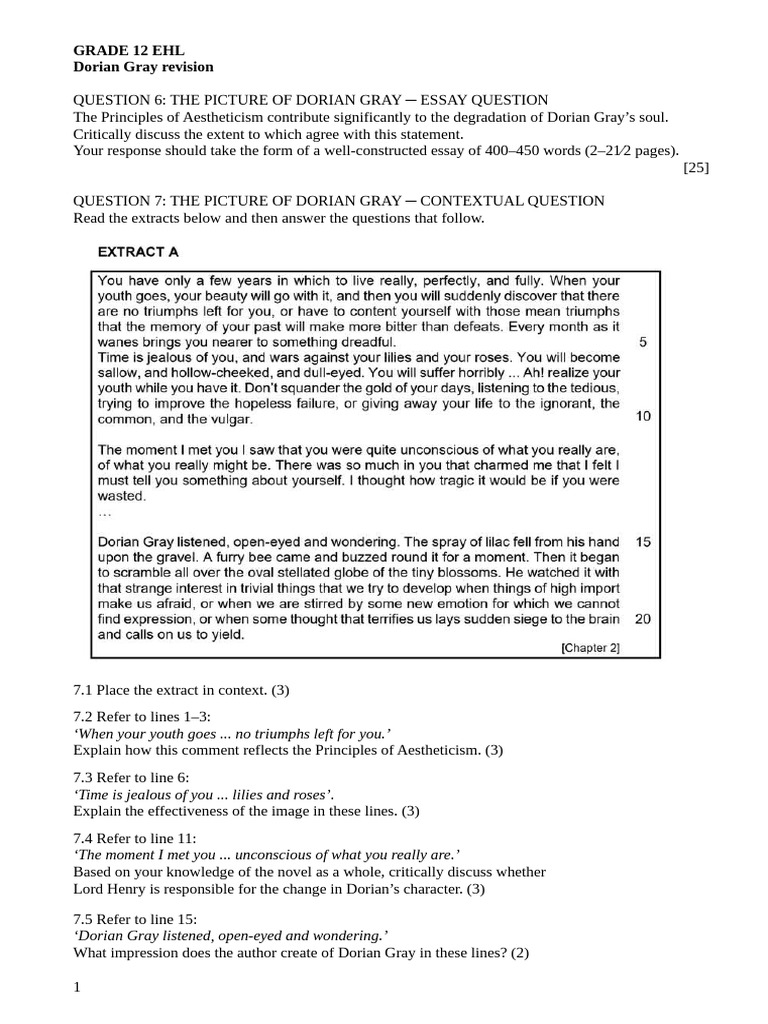 Dorian Gray Revision From Exam | PDF | The Picture Of Dorian Gray