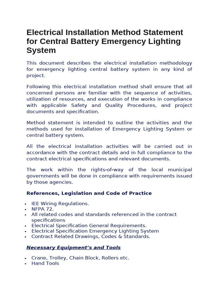 Electrical Installation Method Statement for Central Battery Emergency ...