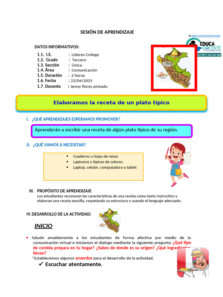 DIA 3 SESION DE APRENDIZAJE Elaboramos La Receta de Un Plato Tipico | PDF
