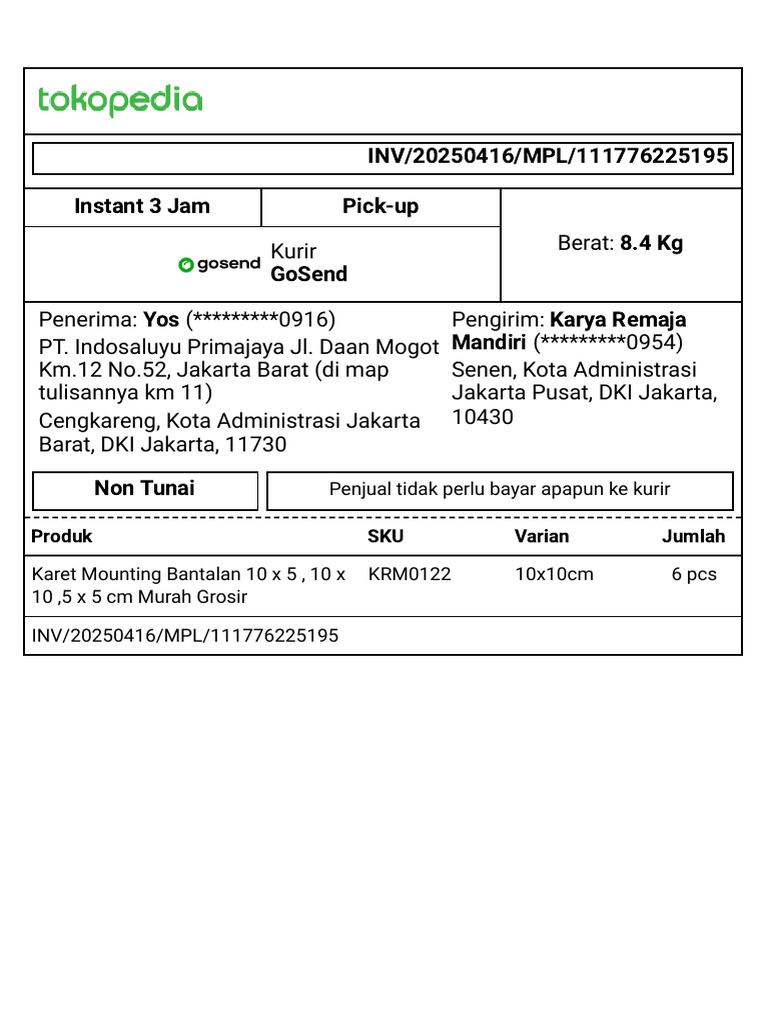 Inv/20250416/Mpl/111776225195 Instant 3 Jam Pick-Up Gosend Yos Karya Remaja Mandiri 8.4 KG | PDF