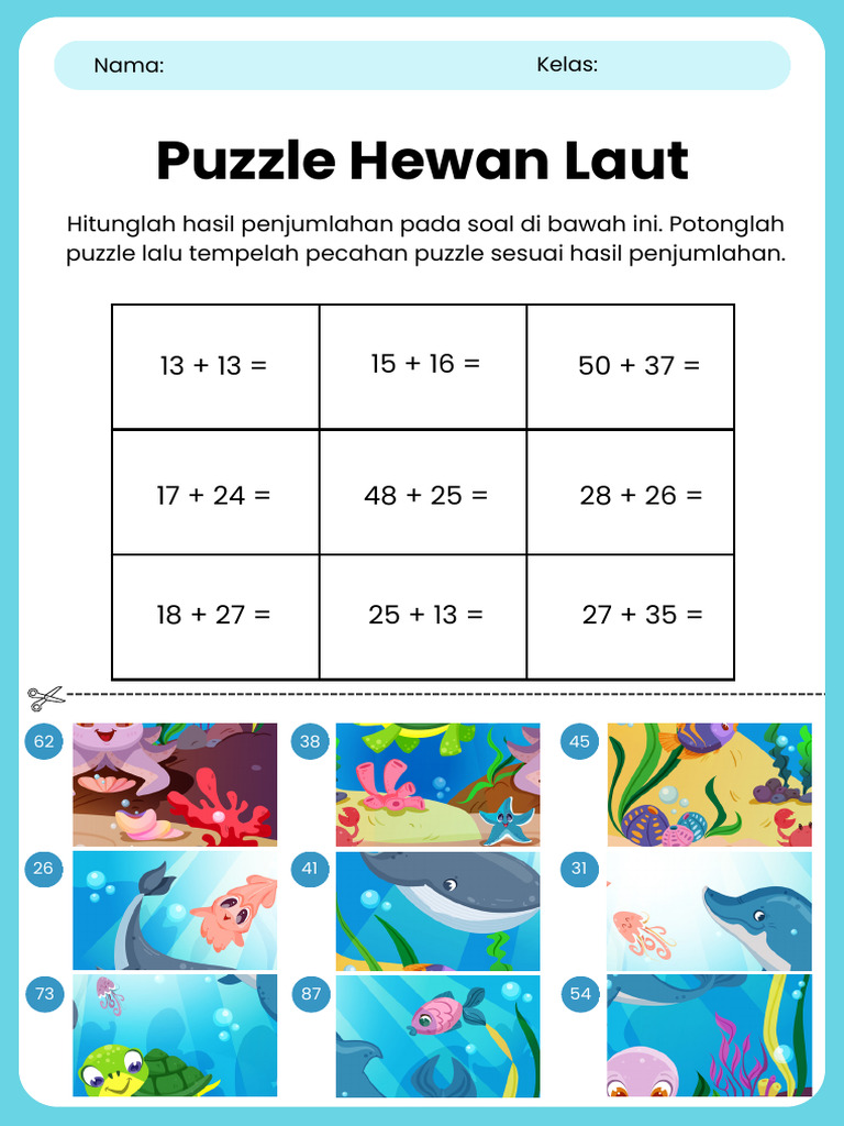 Puzzle Hewan Laut Penjumlahan Dibawah 20 Worksheet Biru Dan Putih Gaya Ilustratif | PDF