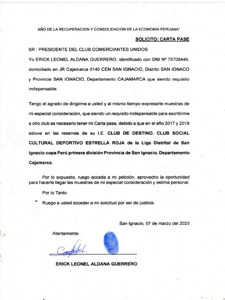 Solicitud Carta Pase Erick Aldana | PDF