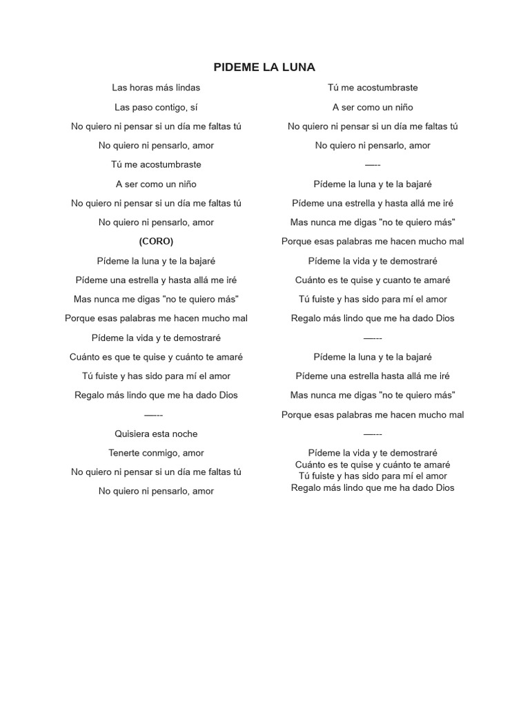 Letra de La Cancion Pideme La Luna | PDF