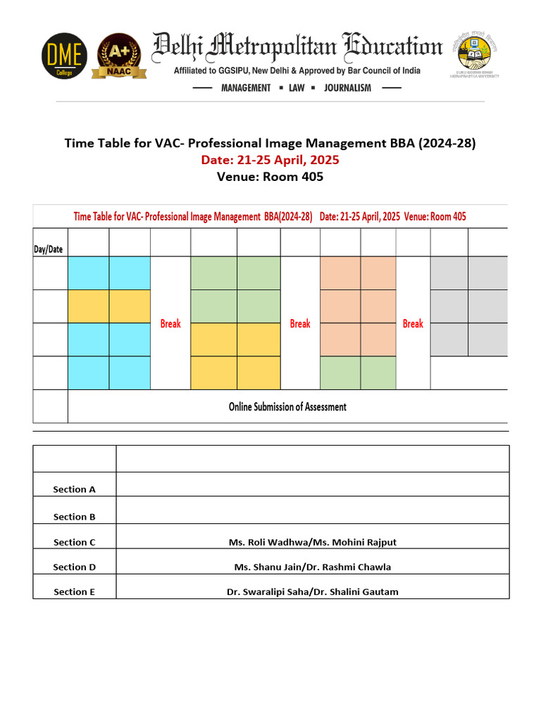 Detailed Timetable For Professional Image Management-21-25 April, 2025 ...