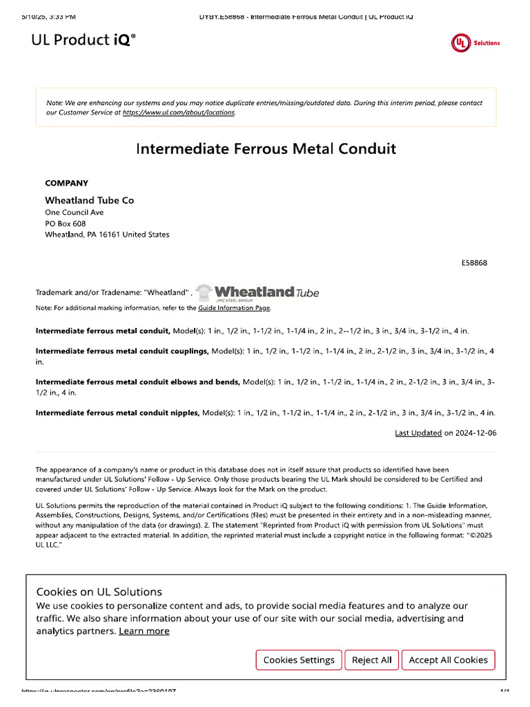 DYBY.E58868 - Intermediate Ferrous Metal Conduit - UL Product Iq | PDF