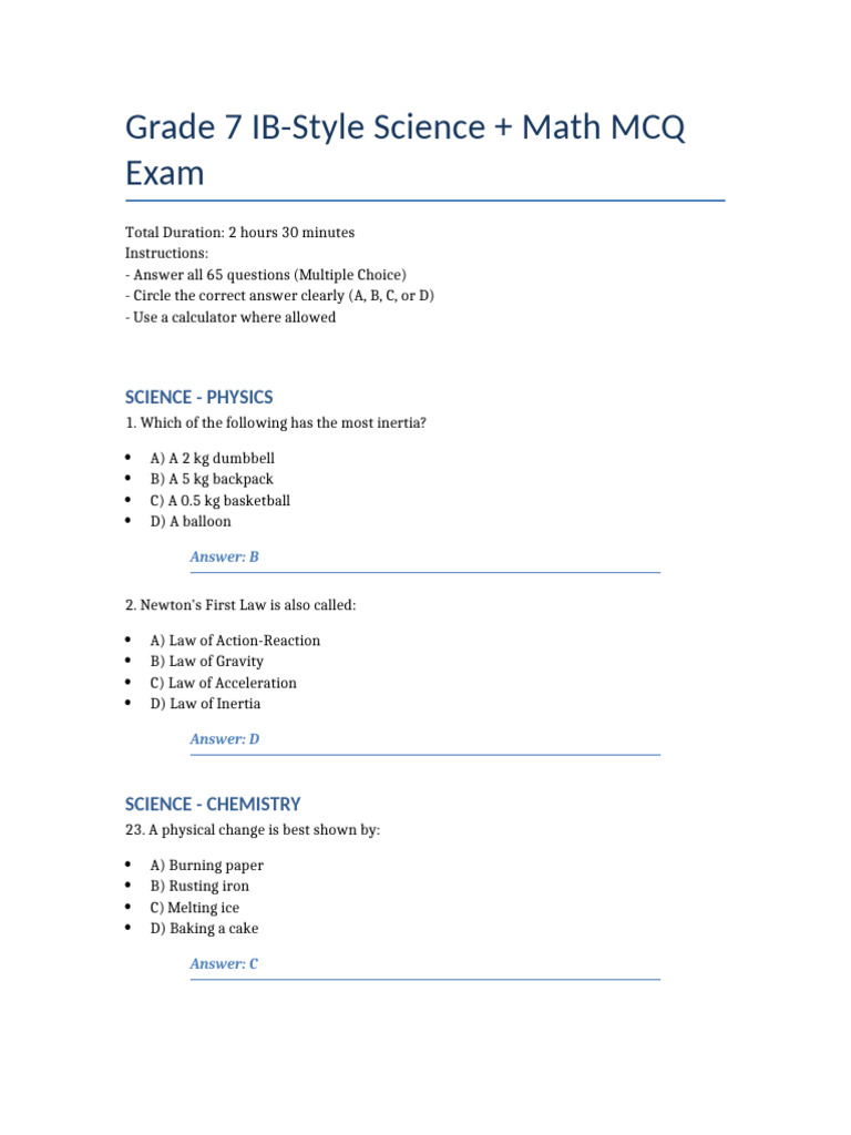 Grade7 Science Math Exam | PDF
