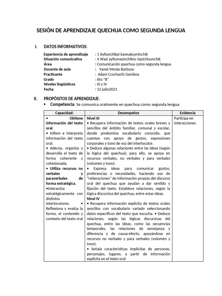 Sesión de Aprendizaje Quechua Como Segunda Lengua | PDF | Segundo lenguaje | Aprendizaje