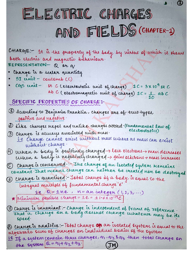 CHAPTER 1- ELECTRIC CHARGES AND FIELDS Notes | PDF