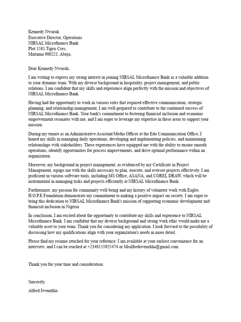 ALfred Iwenekha Cover Letter NIRSAL | PDF | Microfinance | Economies
