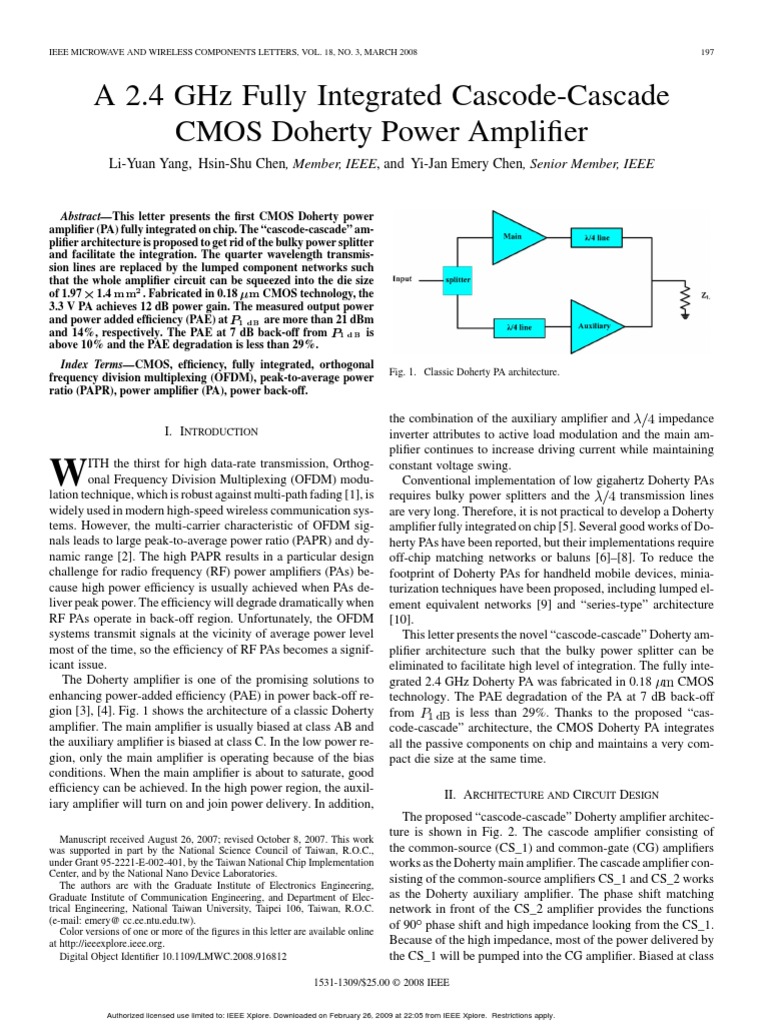 A 2.4 GHZ Fully Integrated Cascode-Cascade Cmos Doherty Power Amplifier ...