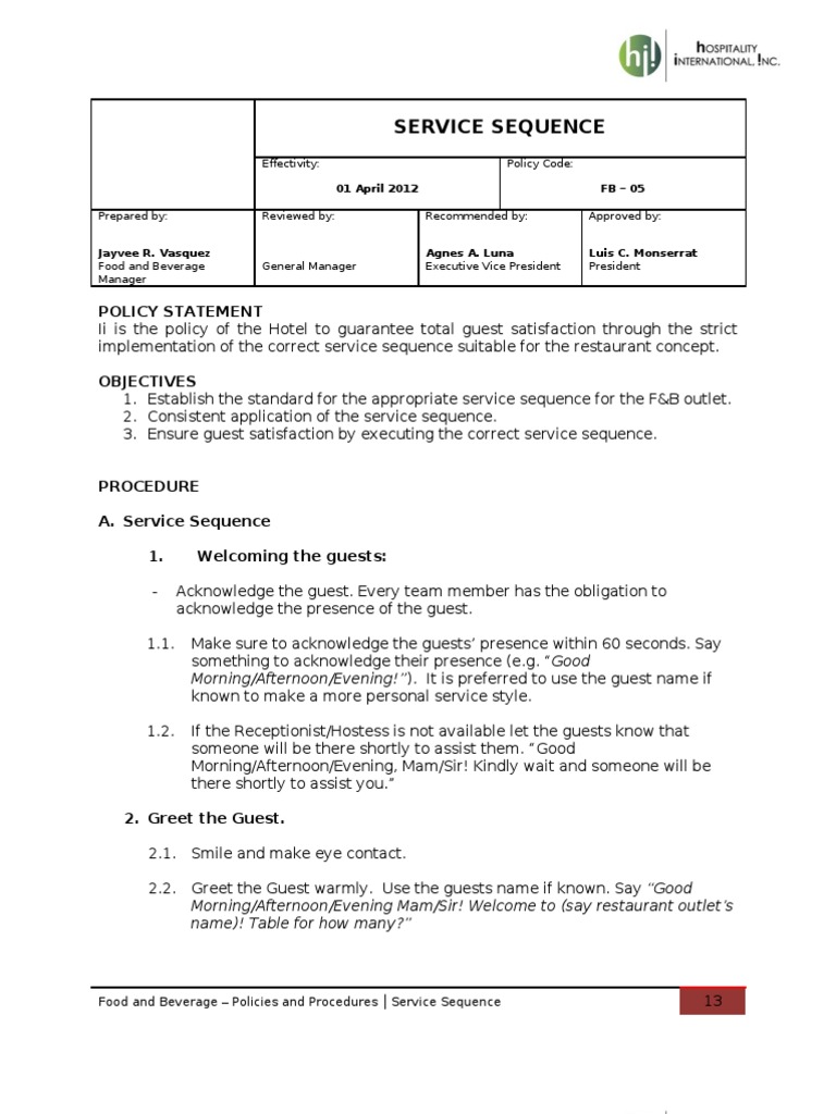 FB - 05 Service Sequence | PDF | Waiting Staff | Menu
