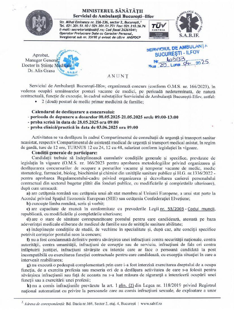 Anunt Concurs Medic Primar MF | PDF