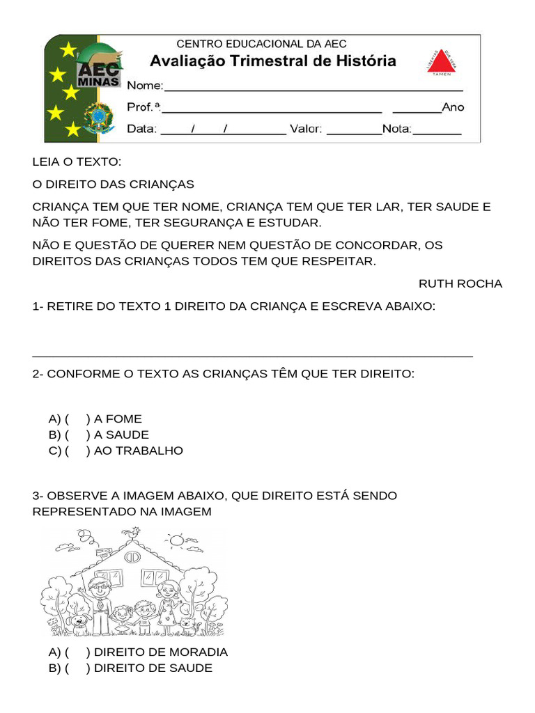 avaliacão trimestral de hist. 1 ano (1) | PDF