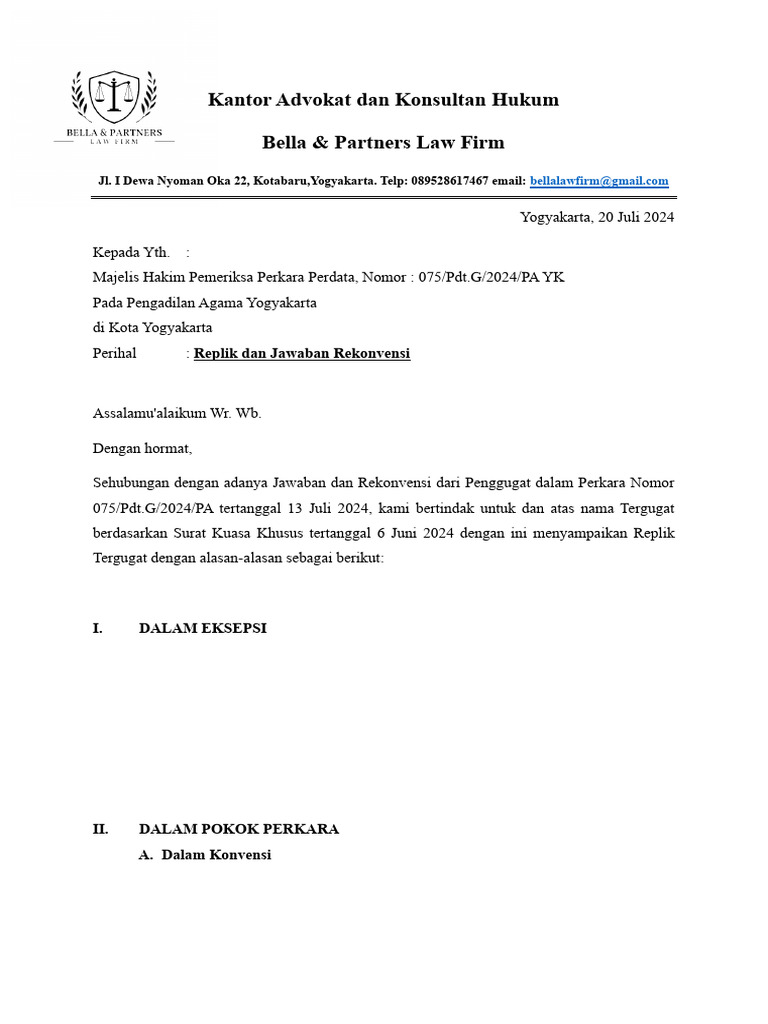 Replik Tergugat dalam Perkara Cerai Yogyakarta | PDF