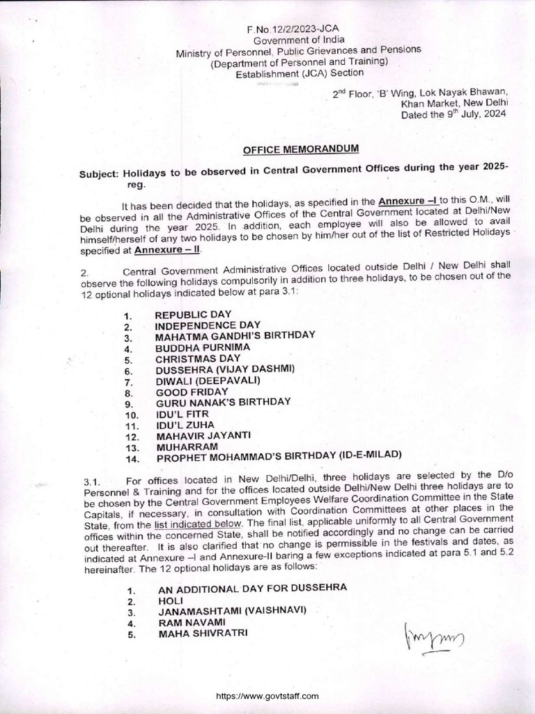 Gazetted and Restricted Holidays To Be Observed in Central Government ...