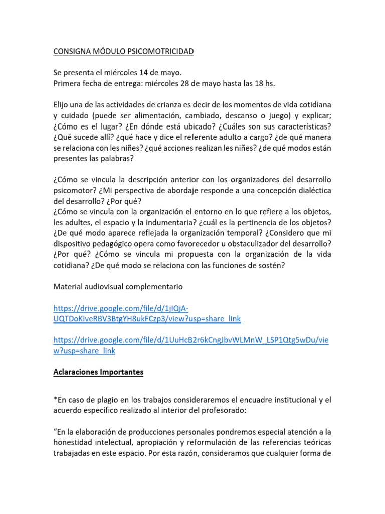 Consigna Modulo Psicomotricidad | PDF