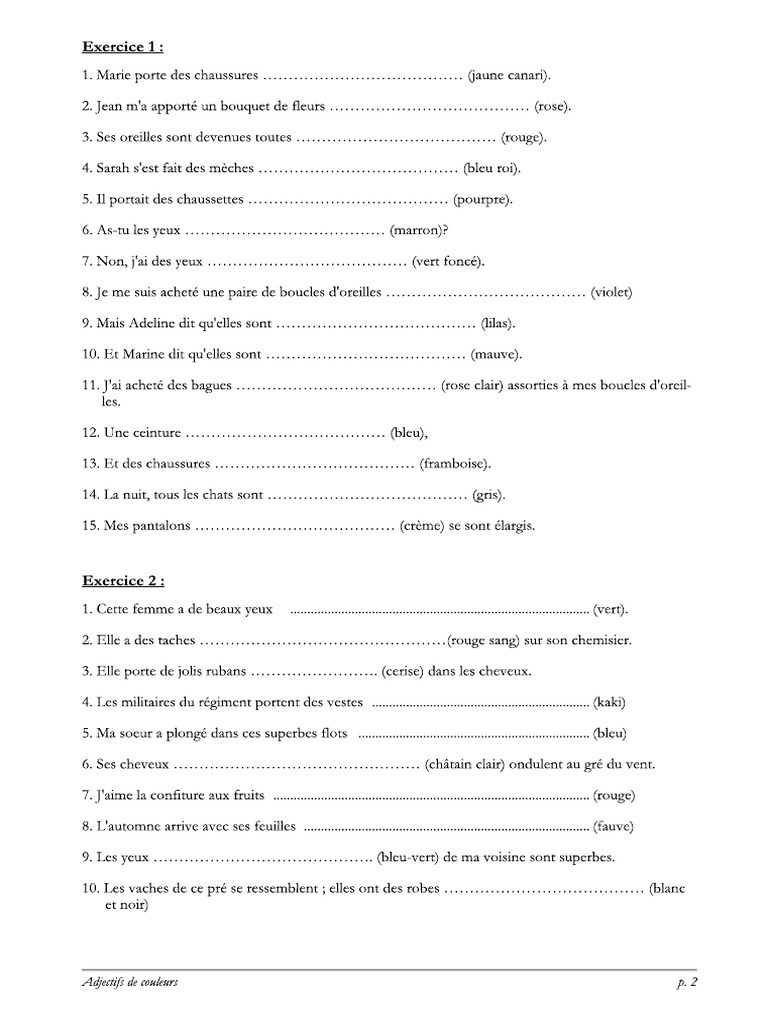 Adjectifs de Couleur Exercices | PDF
