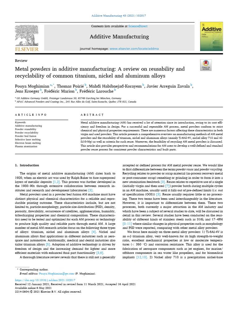 Metal Powder Reusability in AM Review | PDF | 3 D Printing | Metals