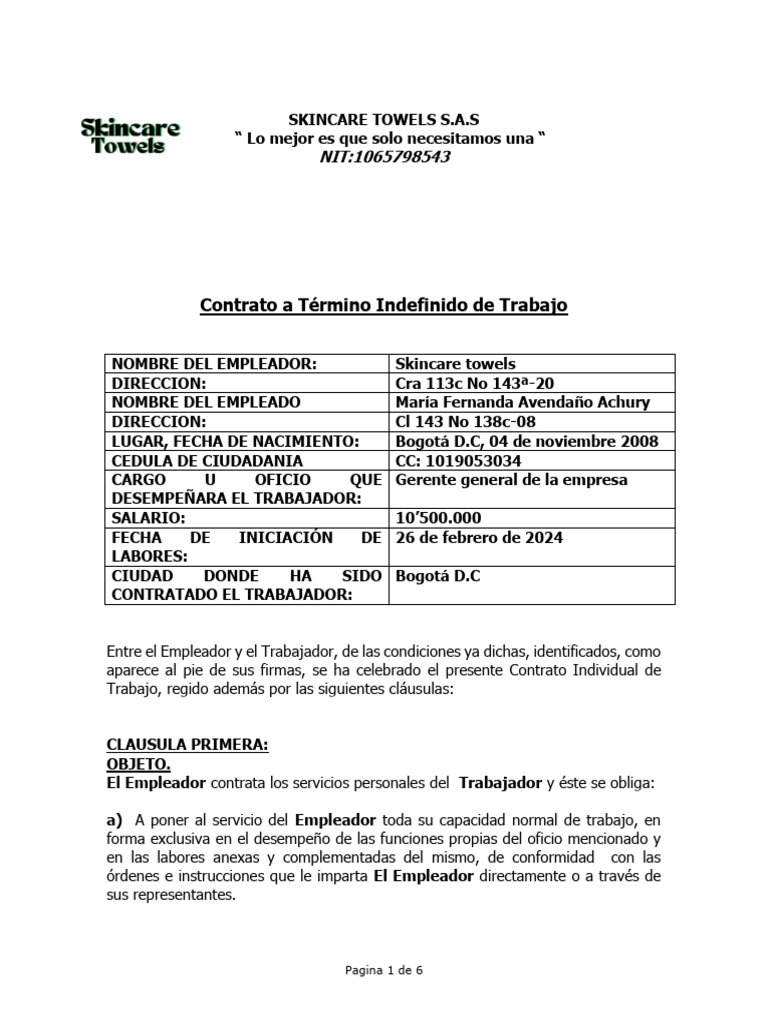 Contrato-de-trabajo-a-termino-indefinido-de-trabajo 11a | PDF | Derecho laboral | Salario