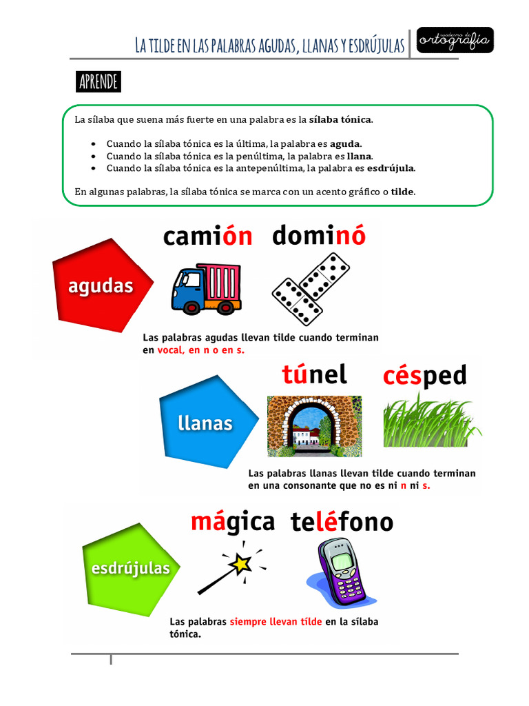 Tilde en palabras agudas, llanas y esdrújulas | PDF | Estrés (lingüística)