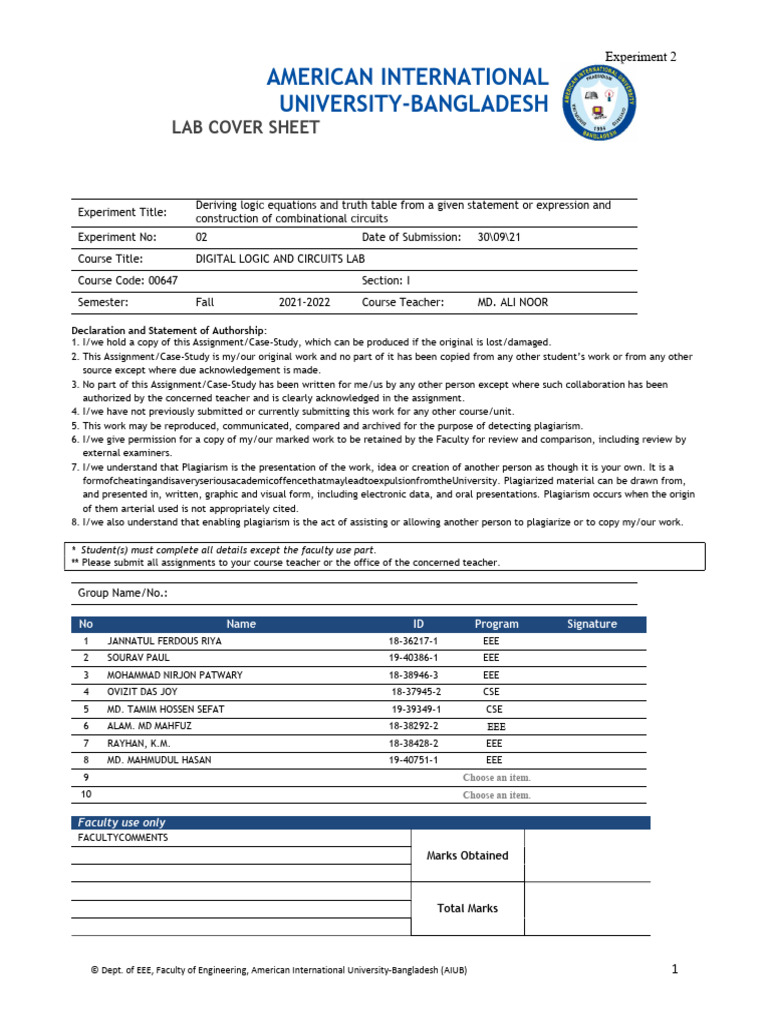 DLC Lab Report 02 (Deriving Logic Equations and Truth Table From A Given Statement or Expression ...