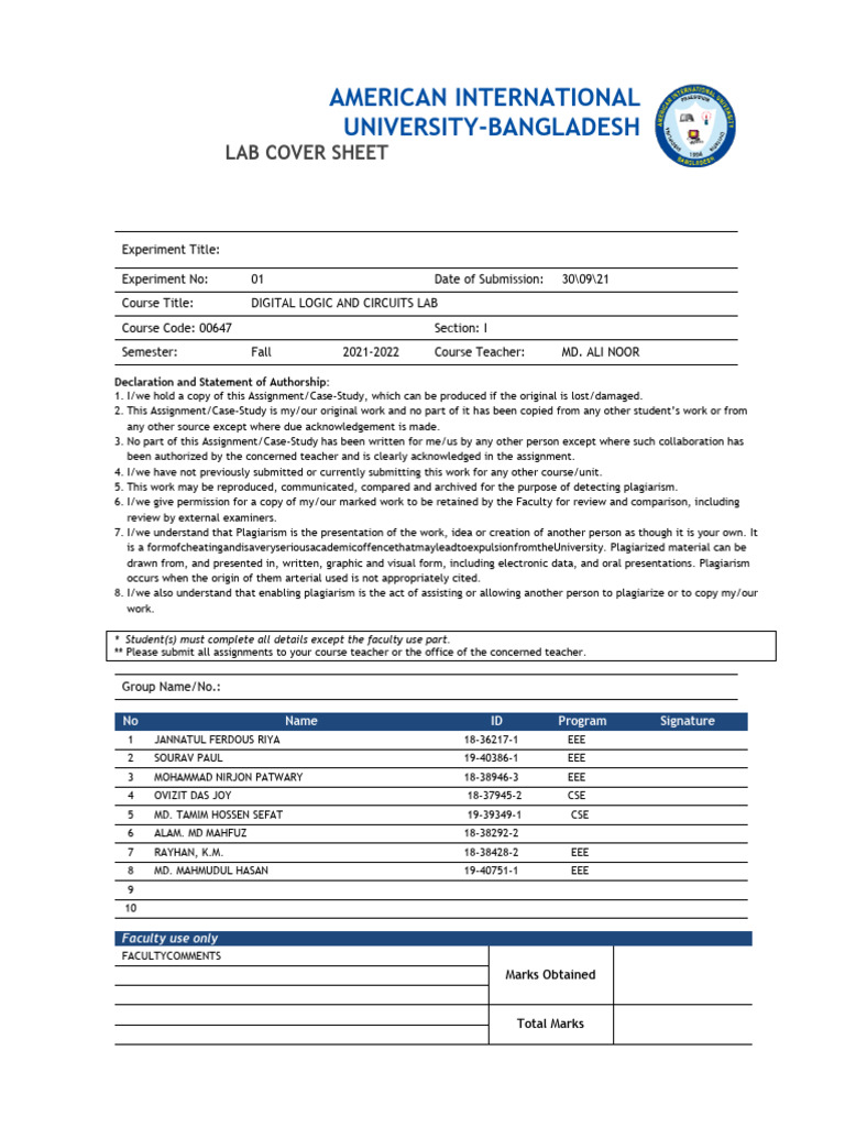 DLC Lab Report 01 (Studying Different Digital Logic Gates and Designing ...
